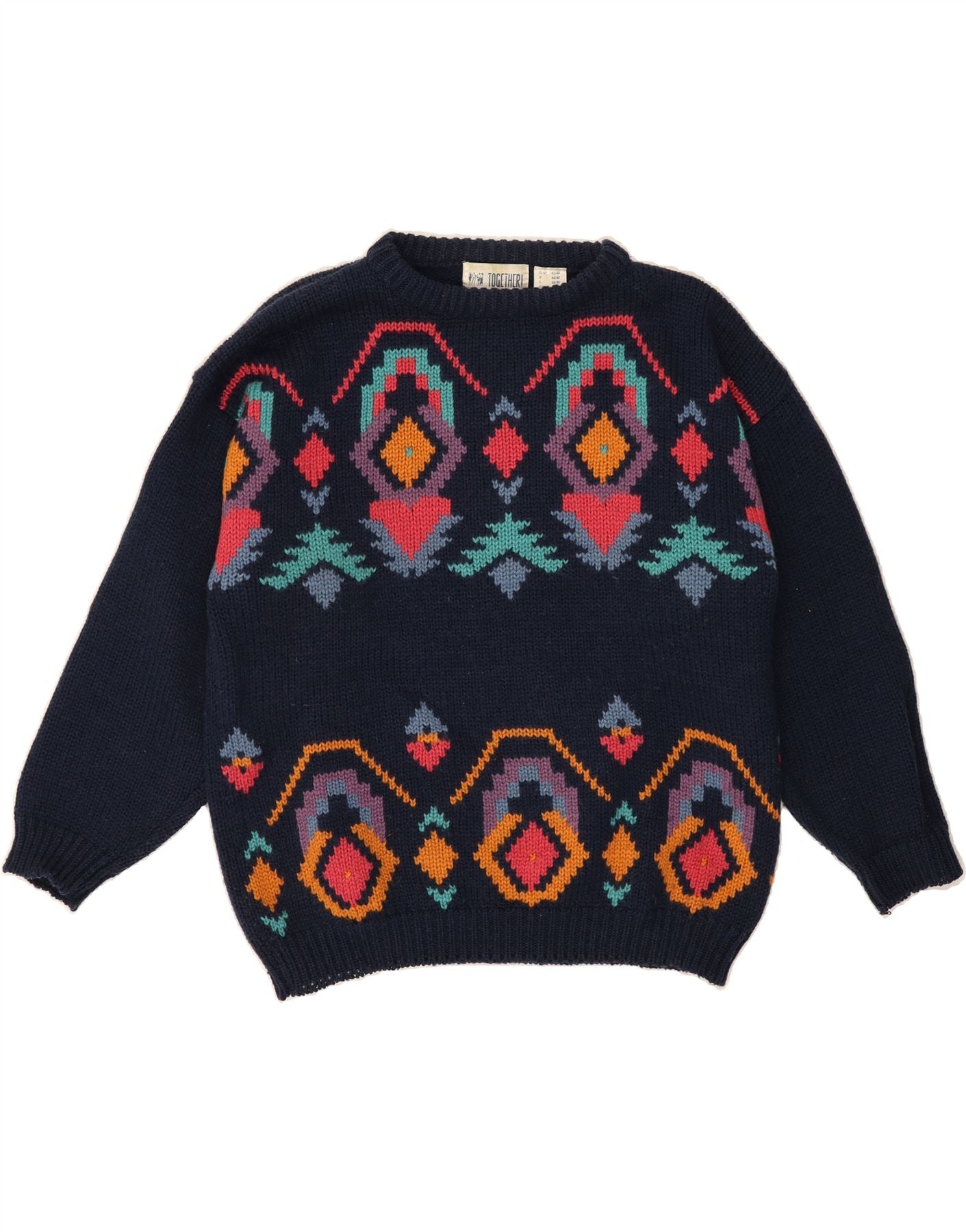 TOGETHER Womens Crew Neck Jumper Sweater UK 16/18 XL Navy Blue Geometr ...