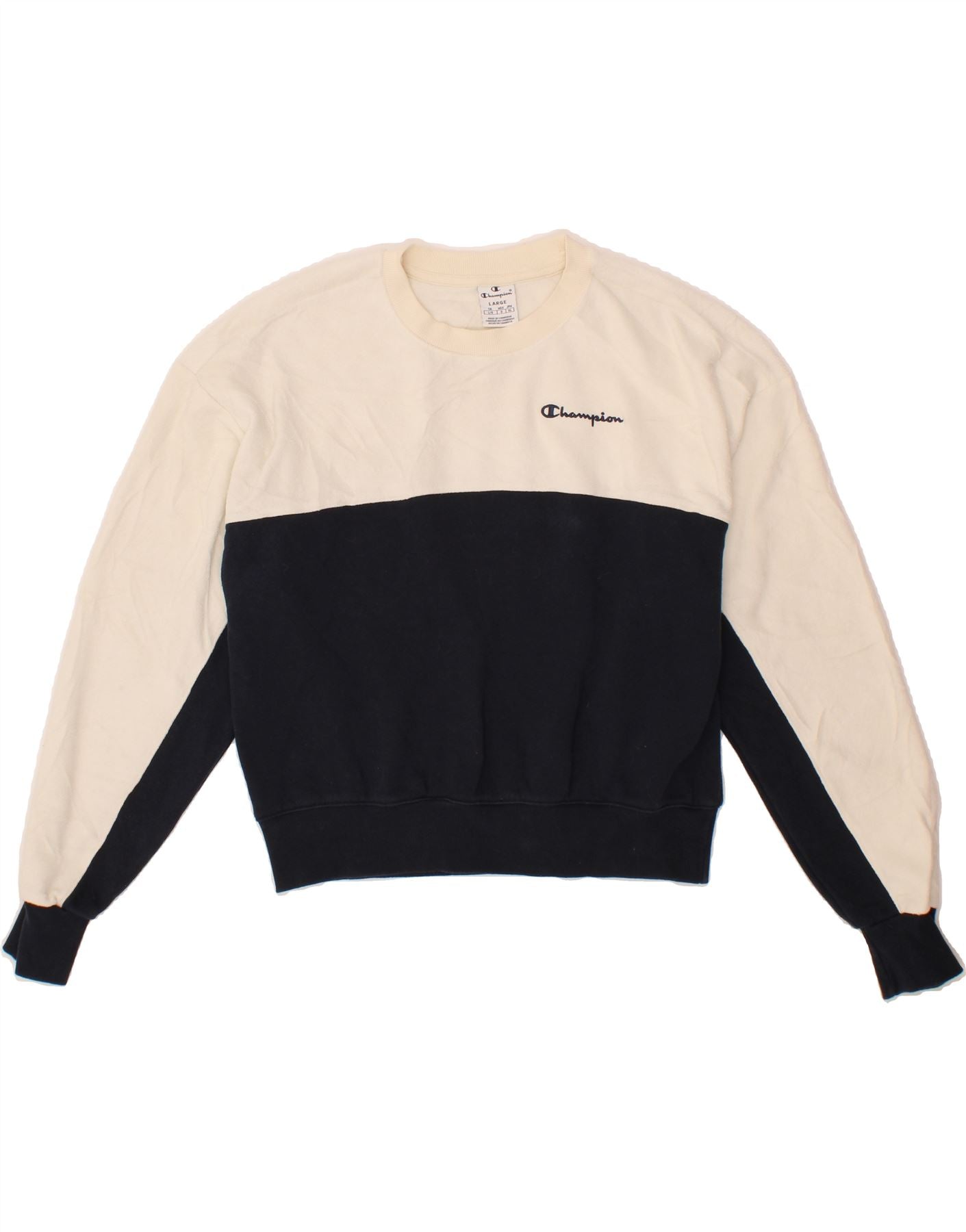 CHAMPION Womens Crop Sweatshirt Jumper UK 16 Large Beige Colourblock Vintage Second Hand Clothing Online Messina Hembry