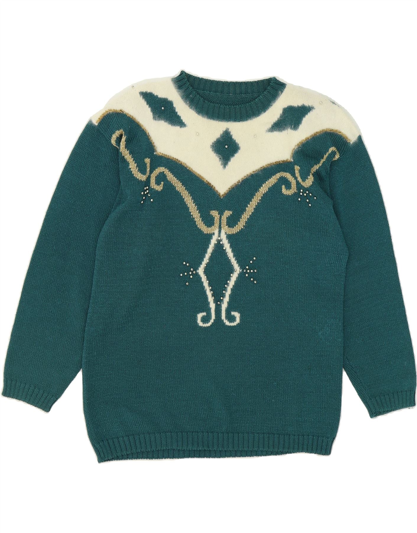 VINTAGE Womens Crew Neck Jumper Sweater UK 16 Large Green Fair Isle ...