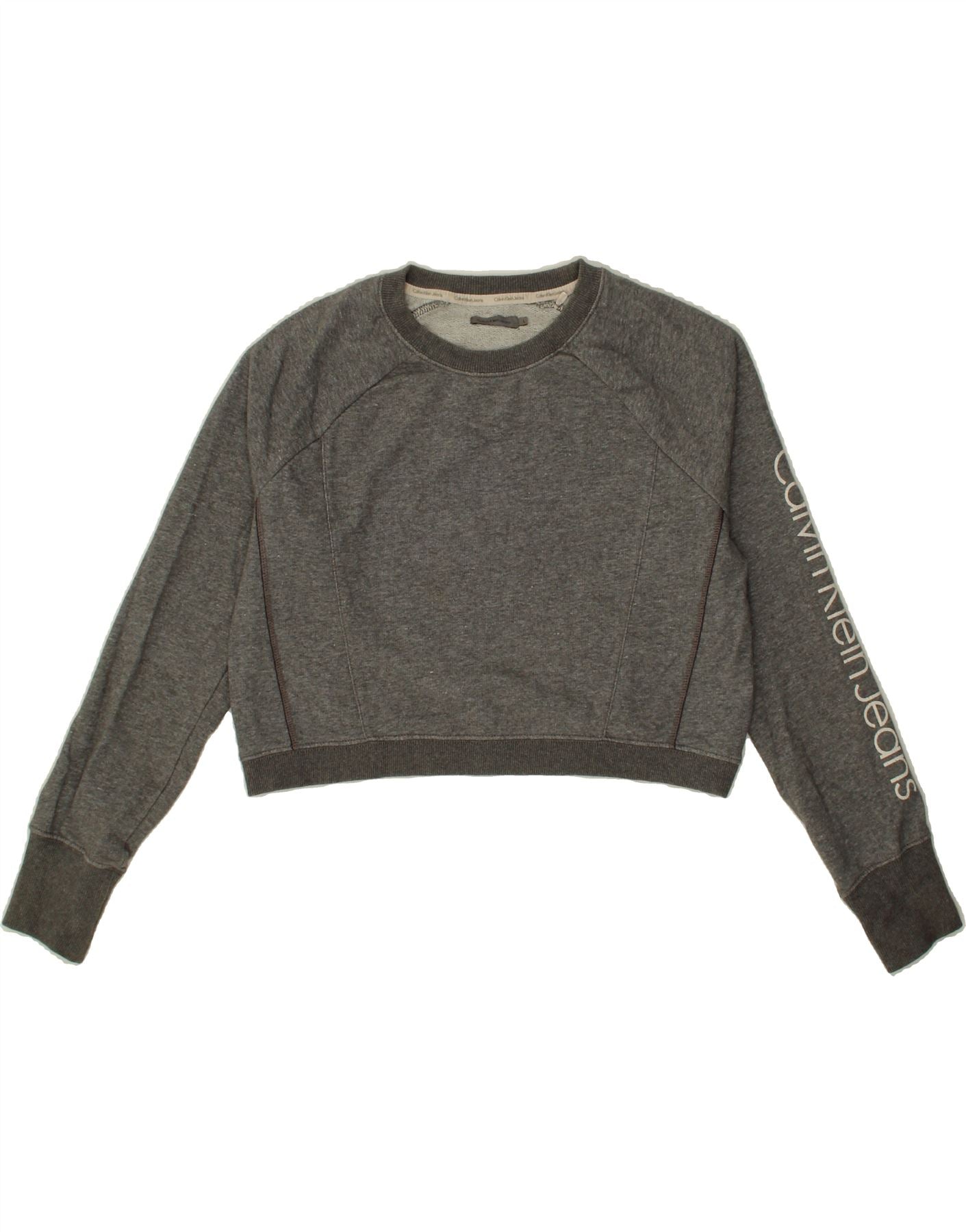 CALVIN KLEIN JEANS Womens Crop Graphic Sweatshirt Jumper UK 16 Large Grey Vintage Second Hand Clothing Online Messina Hembry
