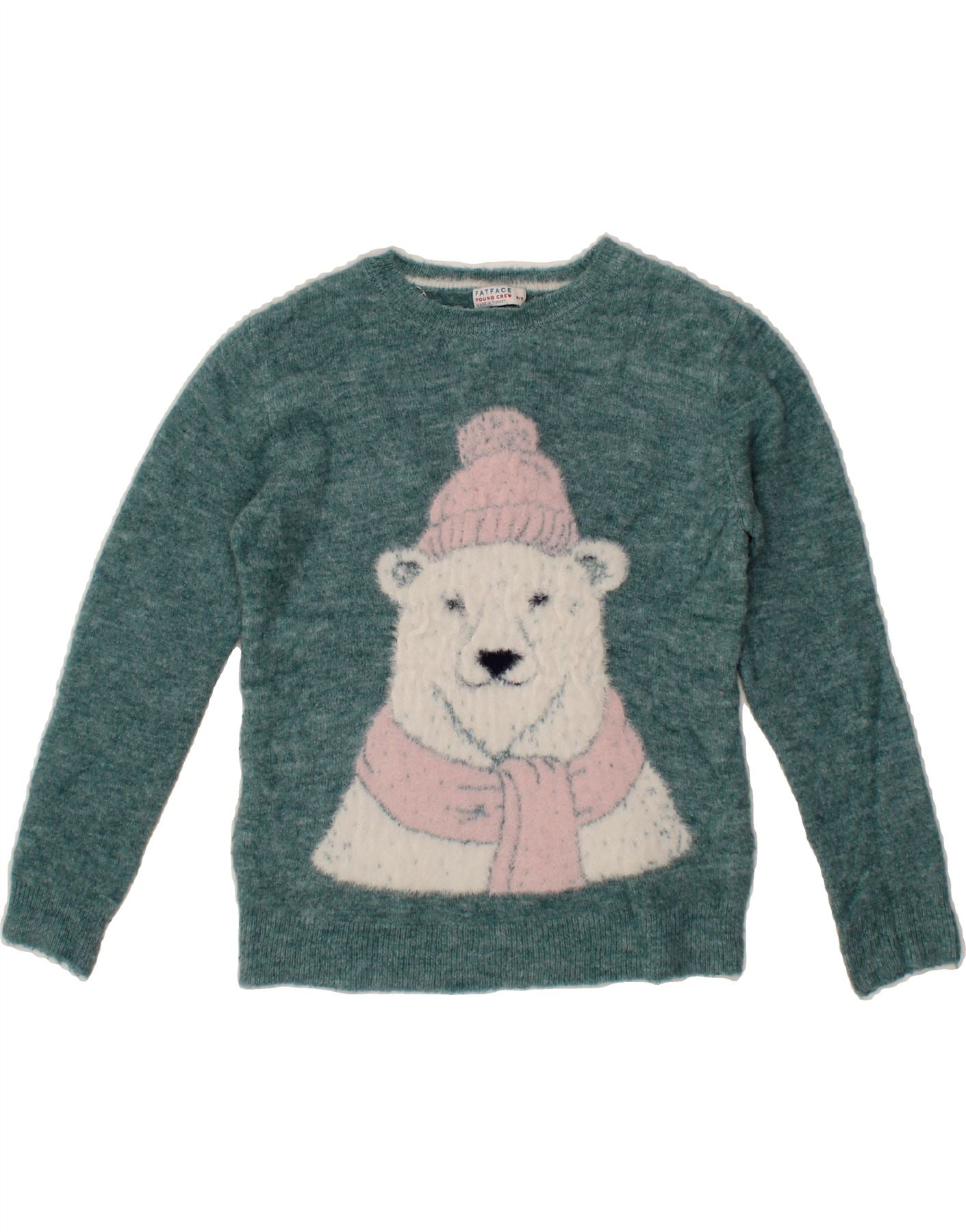 FAT FACE Girls Boat Neck Jumper Sweater 8-9 Years Green Animal Print ...