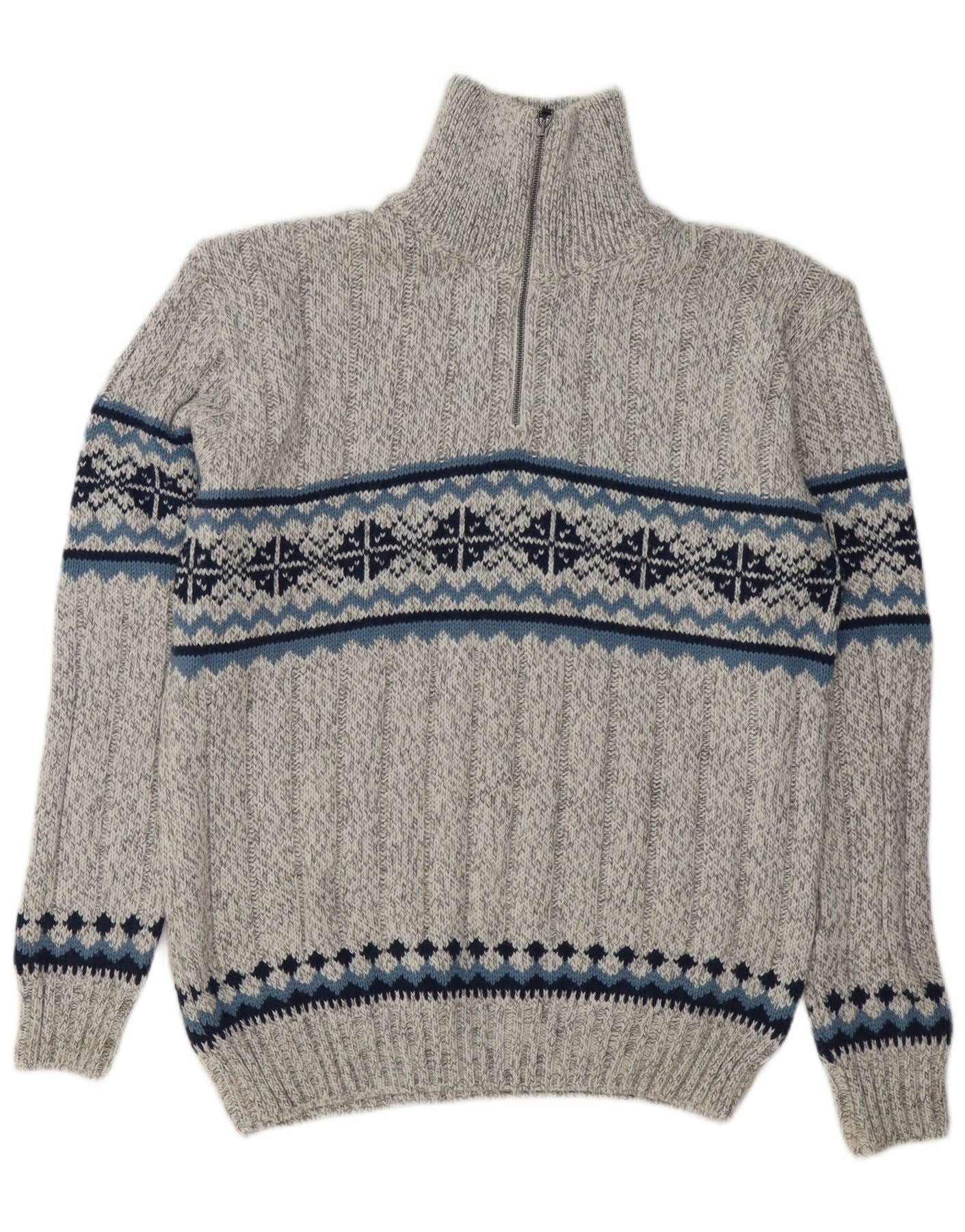 CANDA Mens Zip Neck Jumper Sweater Medium Grey Fair Isle Acrylic ...