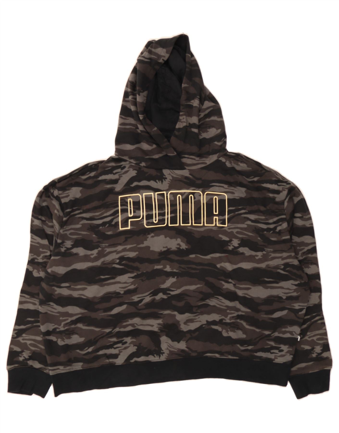 PUMA Womens Oversized Graphic Hoodie Jumper UK 16 Large Grey Camouflage Vintage Second Hand Clothing Online Messina Hembry