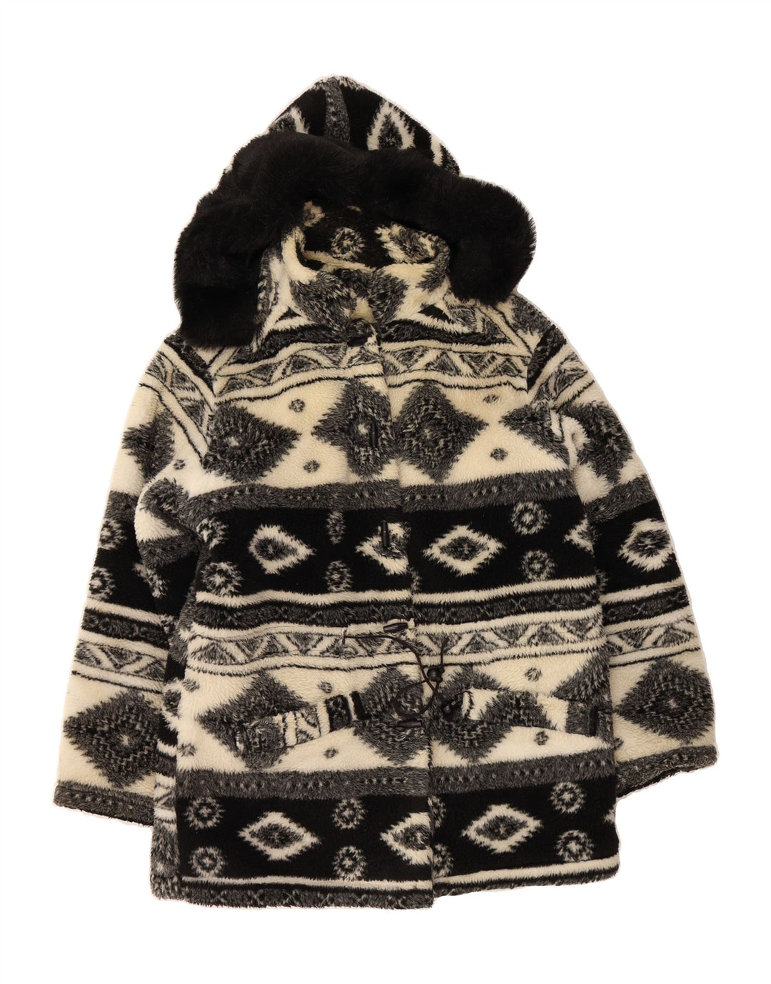 VINTAGE Womens Hooded Fleece Overcoat UK 16 Large Black Fair Isle ...
