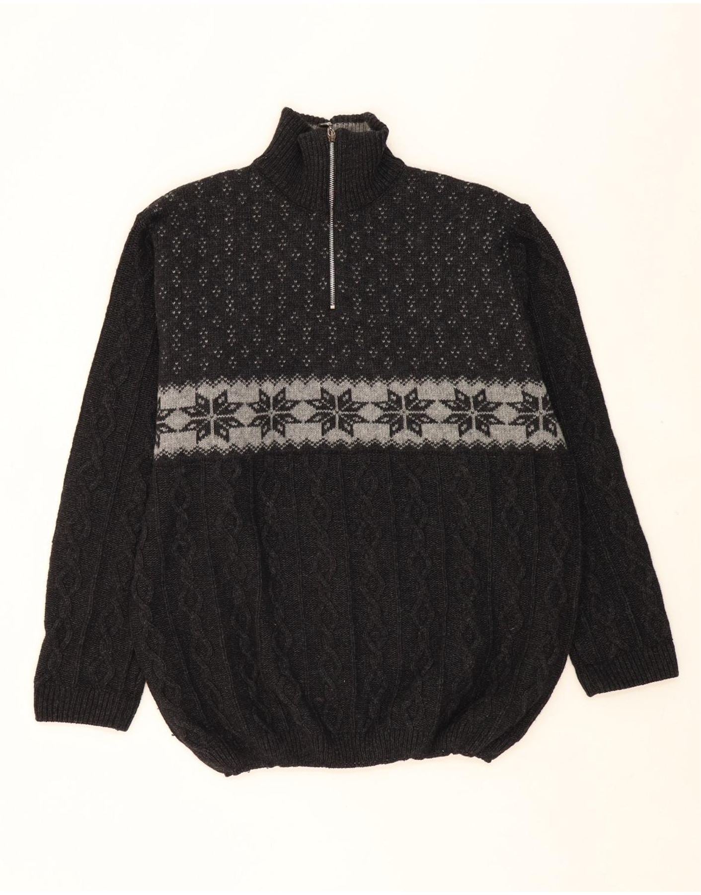 HAMMERSCHMID Mens Zip Neck Jumper Sweater Large Grey Fair Isle Classic ...
