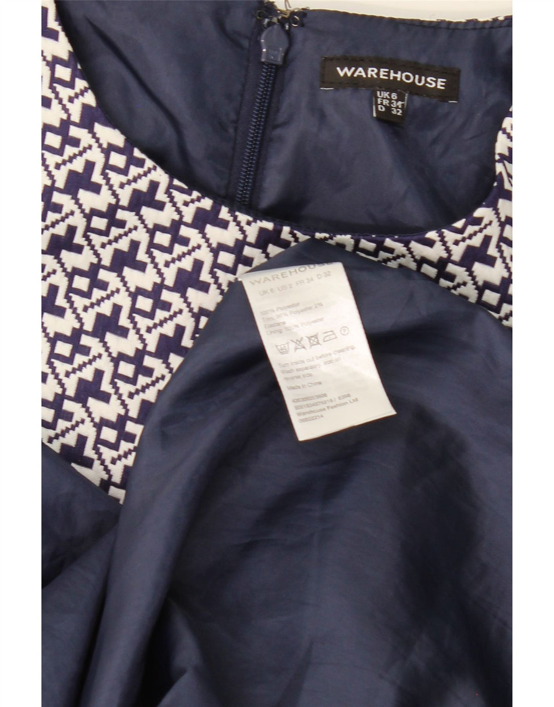 WAREHOUSE Womens Sleeveless A-Line Dress UK 6 XS Navy Blue Geometric ...